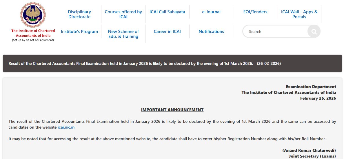ICAI CA Final Result January 2026 Declared @icai.nic.in